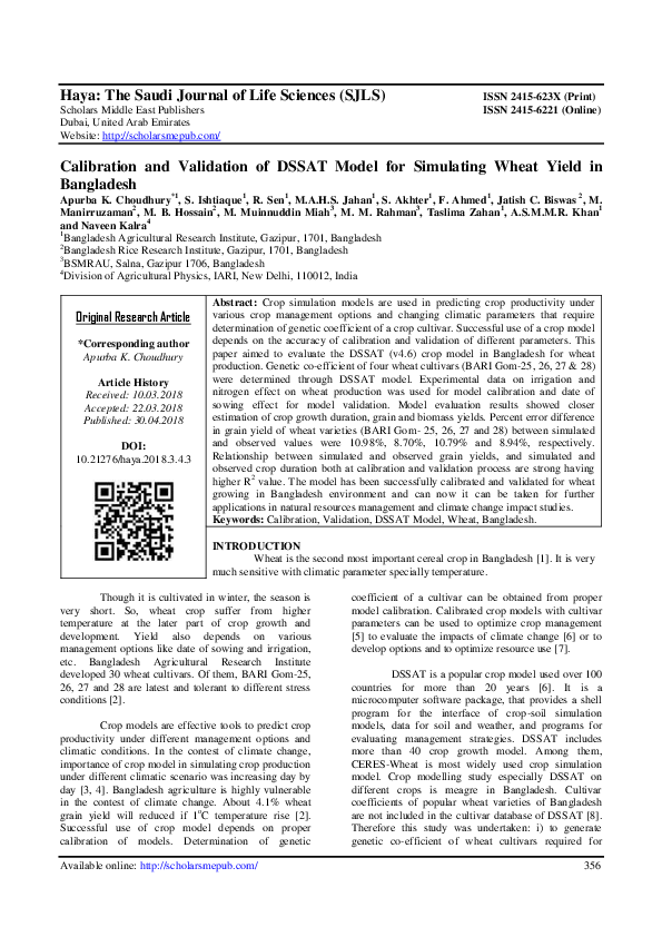 Pdf Calibration And Validation Of Dssat Model For Simulating Wheat