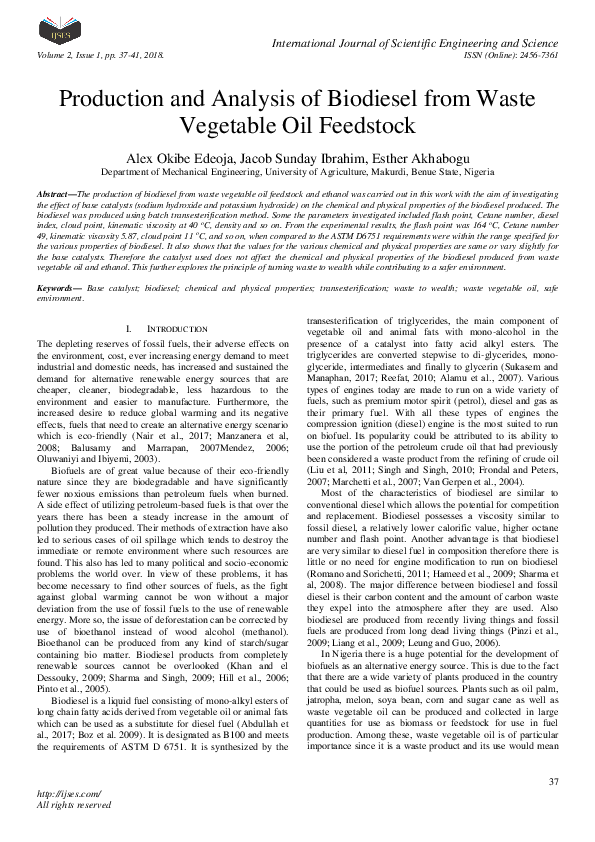 (PDF) Production and Analysis of Biodiesel from Waste Vegetable Oil ...