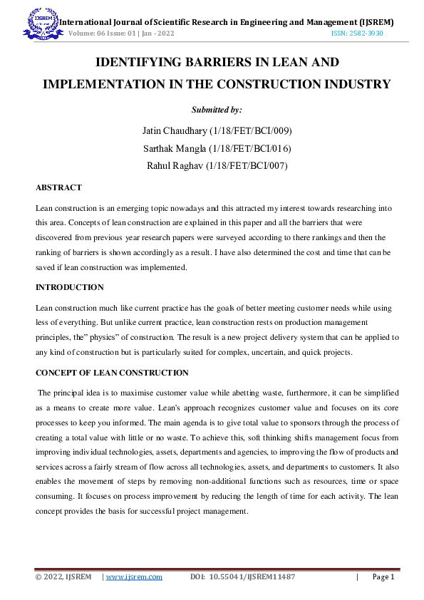 (PDF) Identifying Barriers in Lean and Implementation in the Construction Industry
