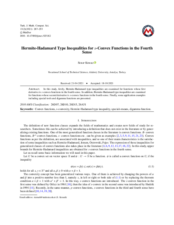 (PDF) Hermite-Hadamard Type Inequality for s-Convex Functions in the Fourth Sense