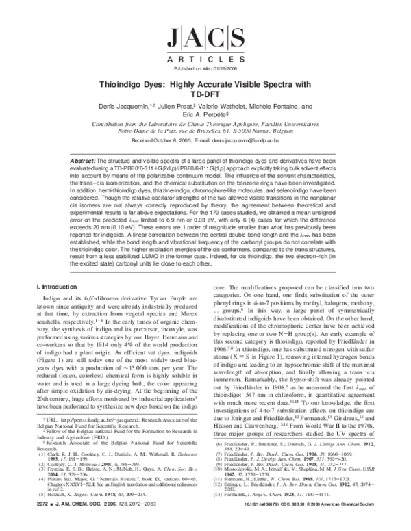 (PDF) Thioindigo Dyes: Highly Accurate Visible Spectra with TD-DFT