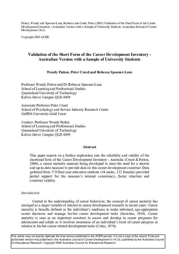 (PDF) Short Form Career Development Inventory Validity