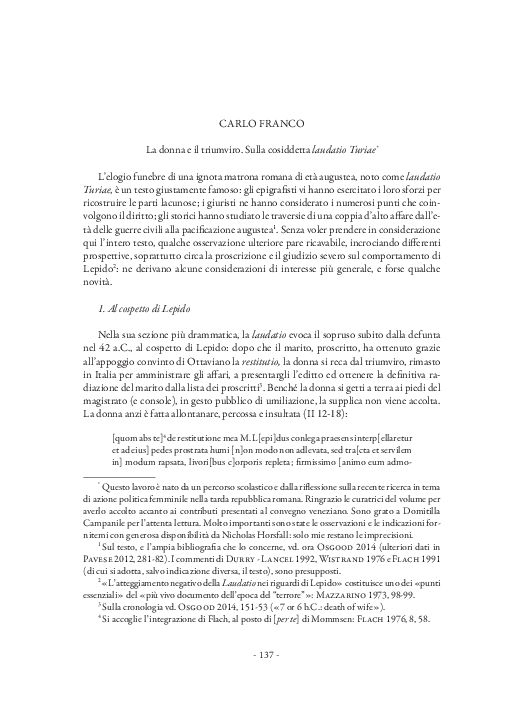 (PDF) La donna e il triumviro. Sulla cosiddetta laudatio Turiae