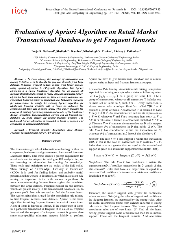 Pdf Evaluation Of Apriori Algorithm On Retail Market Transactional Database To Get Frequent