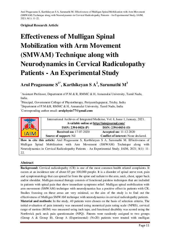 (PDF) Effectiveness of Mulligan Spinal Mobilization with Arm Movement ...