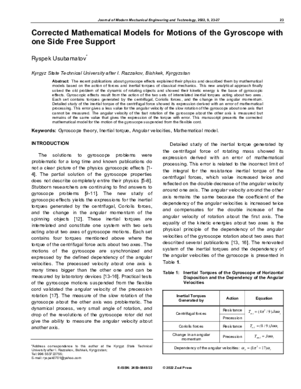 (PDF) Corrected Mathematical Models for Motions of the Gyroscope with ...