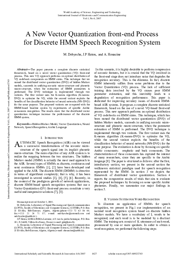 (PDF) A New Vector Quantization Front-End Process For Discrete Hmm Speech Recognition System