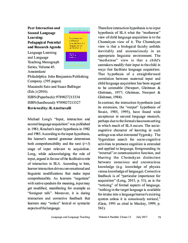 (PDF) Peer Interaction and Second Language Learning