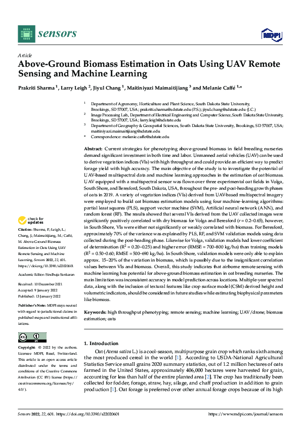 (PDF) Above-Ground Biomass Estimation in Oats Using UAV Remote Sensing and Machine Learning