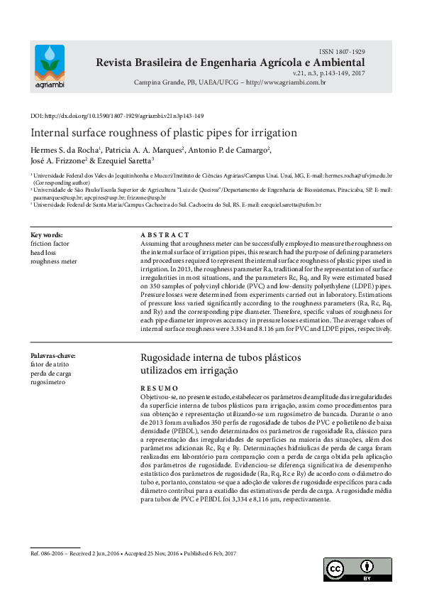 (PDF) Internal surface roughness of plastic pipes for irrigation