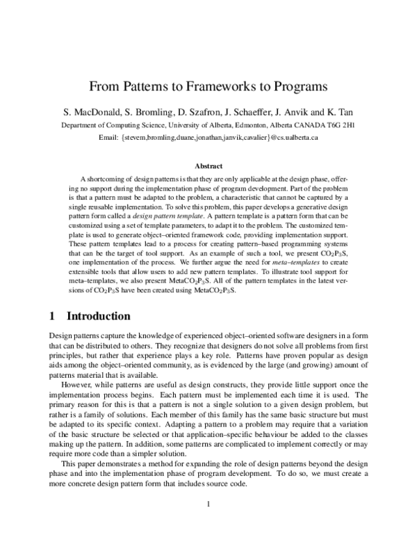 (PDF) From Patterns to Frameworks to Programs