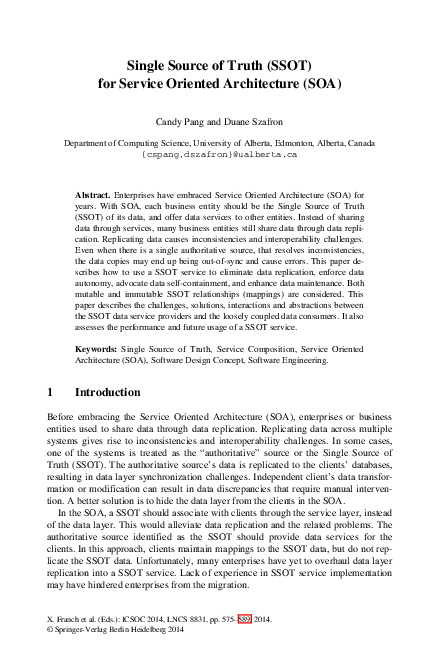 (PDF) Single Source of Truth (SSOT) for Service Oriented Architecture (SOA)