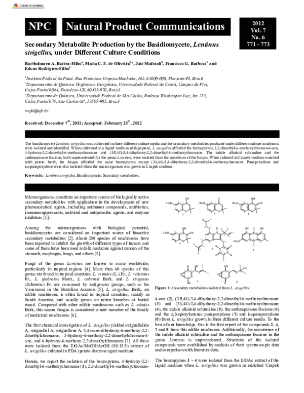 (PDF) Secondary Metabolite Production by the Basidiomycete, Lentinus ...