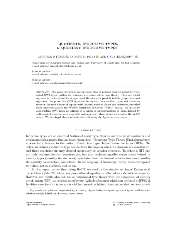 (PDF) Quotients, Inductive Types, & Quotient Inductive Types | Marcelo P Fiore - Academia.edu