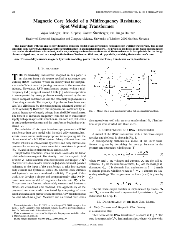 (PDF) Magnetic Core Model of a Midfrequency Resistance Spot Welding Transformer