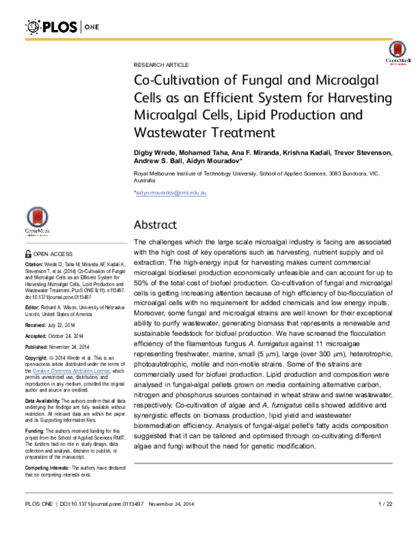(PDF) Co-cultivation of fungal and microalgal cells as an efficient system for harvesting ...