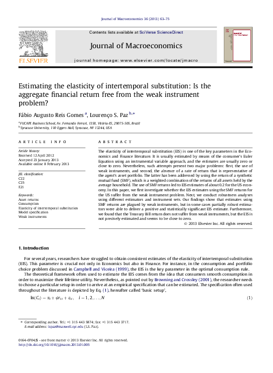 (PDF) Estimating EIS: Weak Instrument Issues with Financial Returns