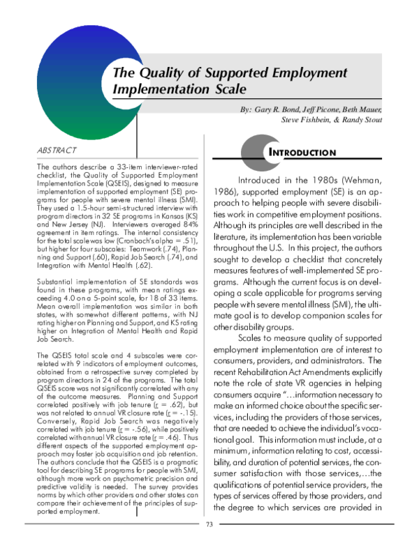 (PDF) The quality of supported employment implementation scale