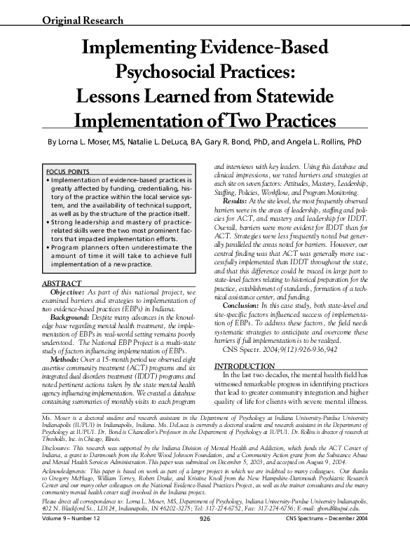 (PDF) Implementing Evidence-Based Psychosocial Practices: Lessons Learned from Statewide ...