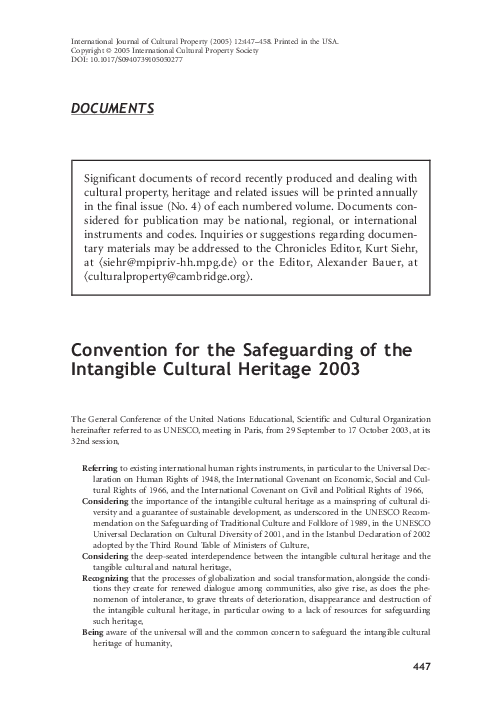 (PDF) Convention for the Safeguarding of Intangible Cultural Heritage (2003)