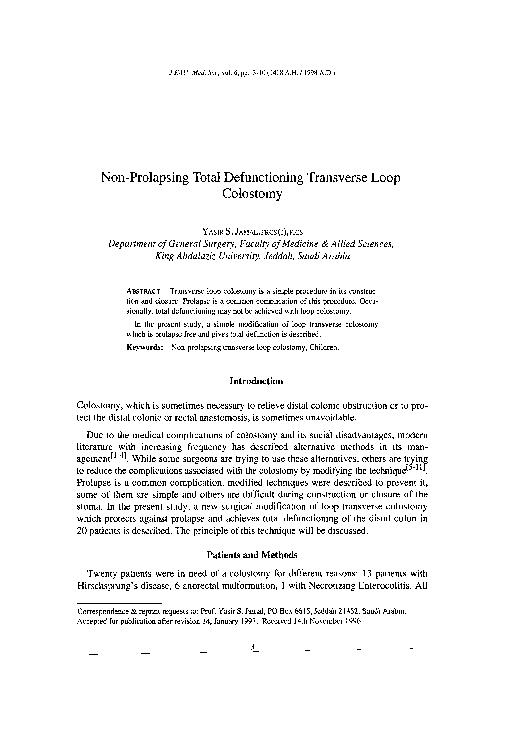 Pdf Non Prolapsing Total Defunctioning Transverse Loop Colostomy