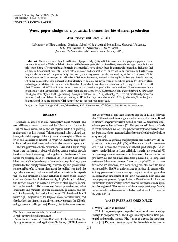 (PDF) Waste paper sludge as a potential biomass for bio-ethanol production