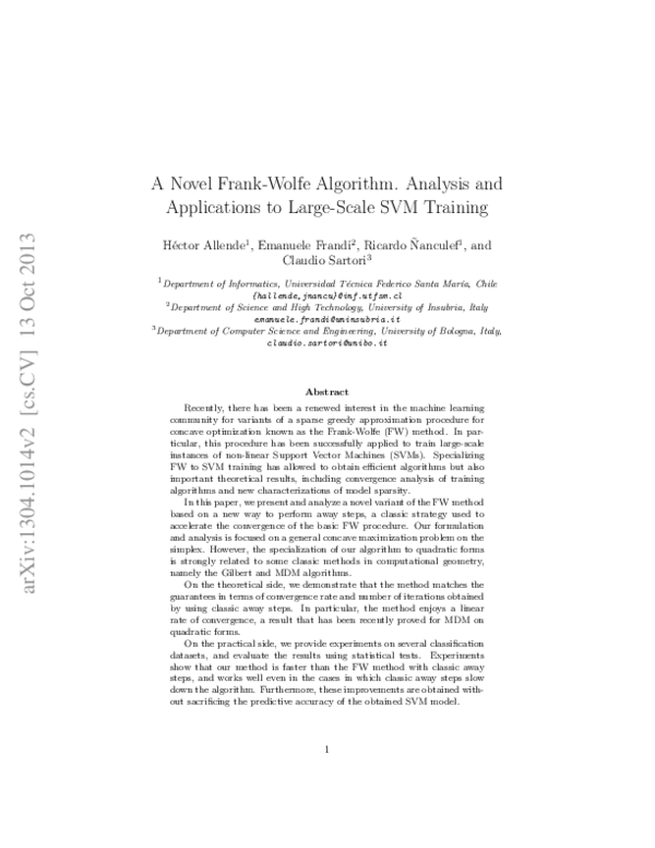 Pdf A Novel Frank Wolfe Algorithm Analysis And Applications To Large