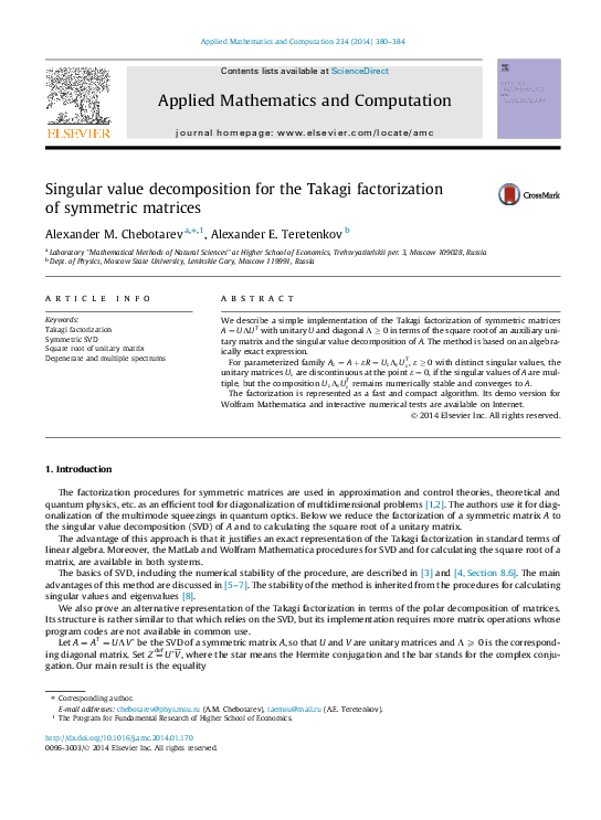 Pdf Singular Value Decomposition For The Takagi Factorization Of Symmetric Matrices