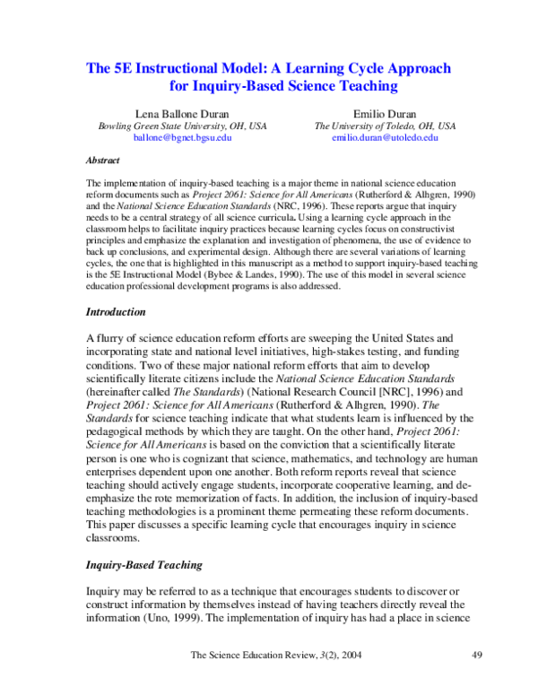 (PDF) The 5E Instructional Model: A Learning Cycle Approach for Inquiry-Based Science Teaching