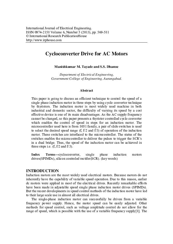 (PDF) Cycloconverter Drive for AC Motors