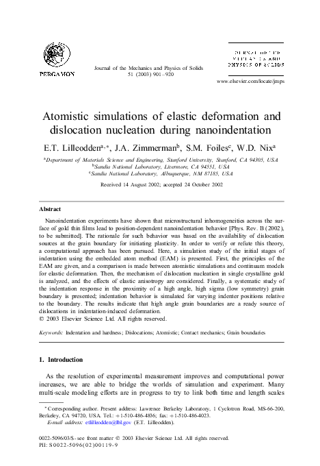 (PDF) Atomistic simulations of elastic deformation and dislocation nucleation during nanoindentation