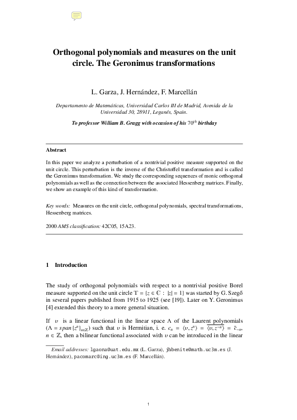 (PDF) Orthogonal polynomials and measures on the unit circle. The Geronimus transformations