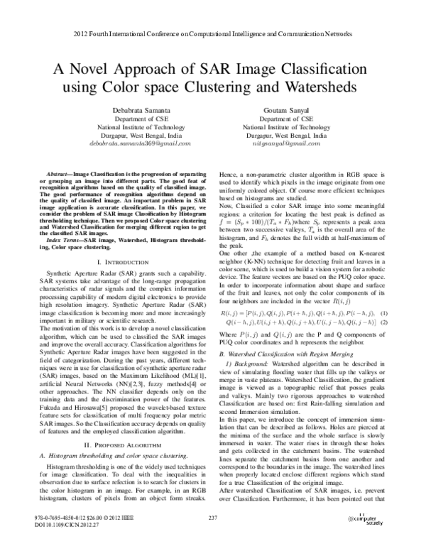 Pdf A Novel Approach Of Sar Image Classification Using Color Space Clustering And Watersheds