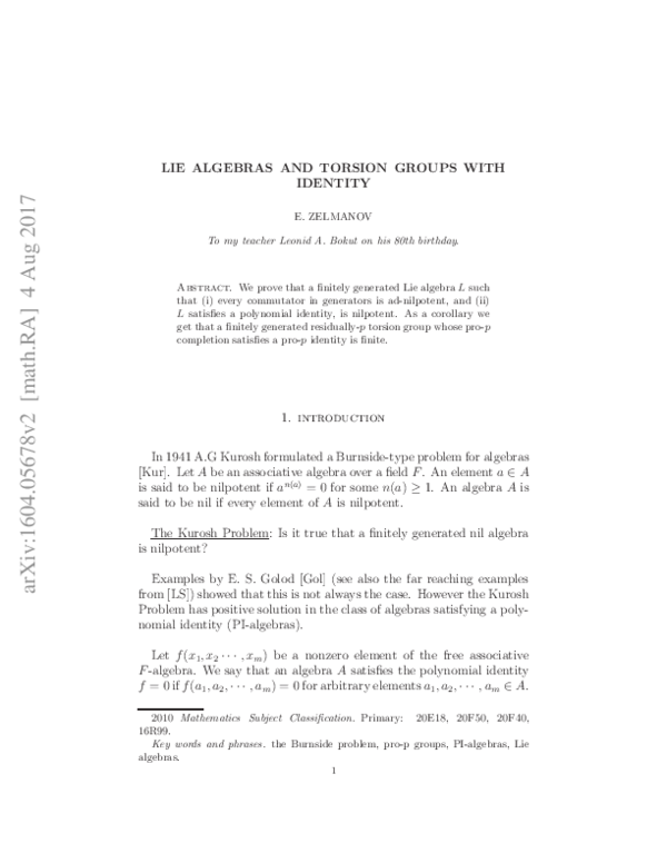 (PDF) Lie algebras and torsion groups with identity