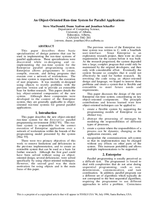 Pdf An Object Oriented Run Time System For Parallel Applications