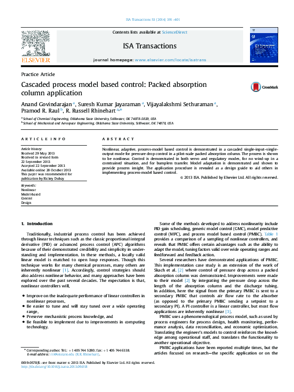 (PDF) Cascaded process model based control: Packed absorption column application