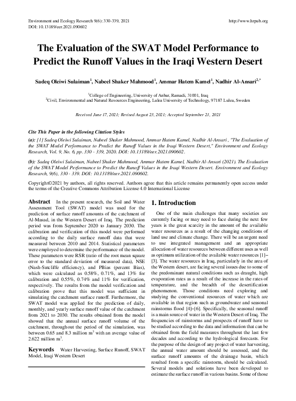 (PDF) The Evaluation of the Swat Model Performance to Predict the ...