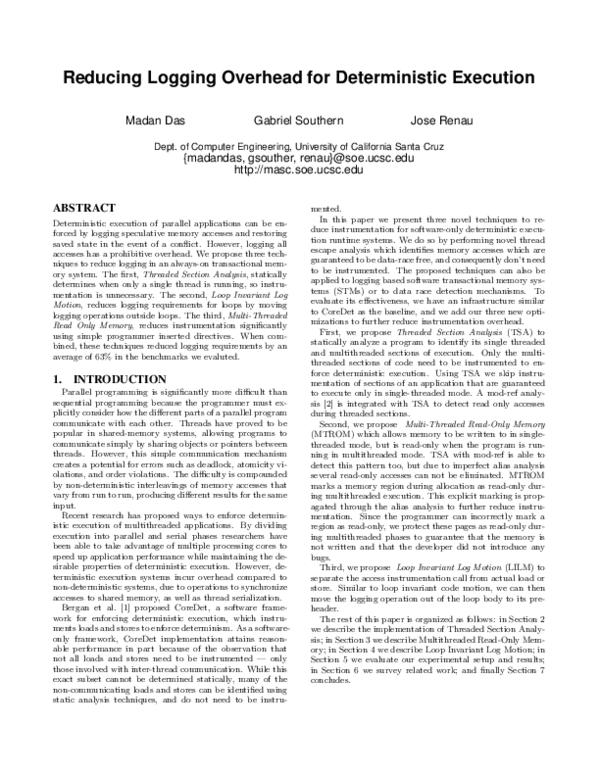 Pdf Reducing Logging Overhead For Deterministic Execution Jose