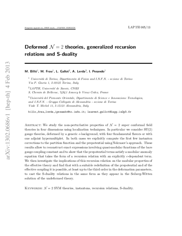 (PDF) Deformed N=2 theories, generalized recursion relations and S-duality