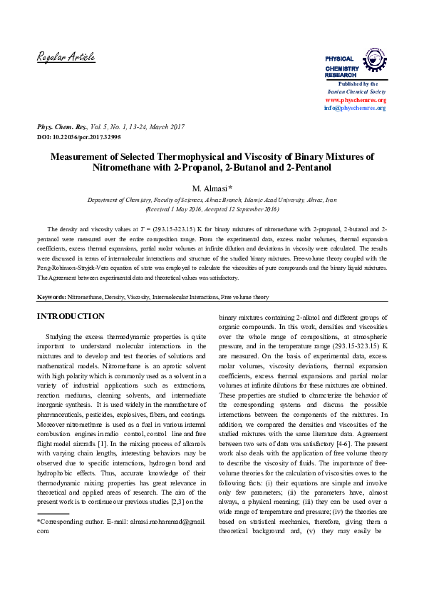Pdf Measurement Of Selected Thermophysical And Viscosity Of Binary Mixtures Of Nitromethane