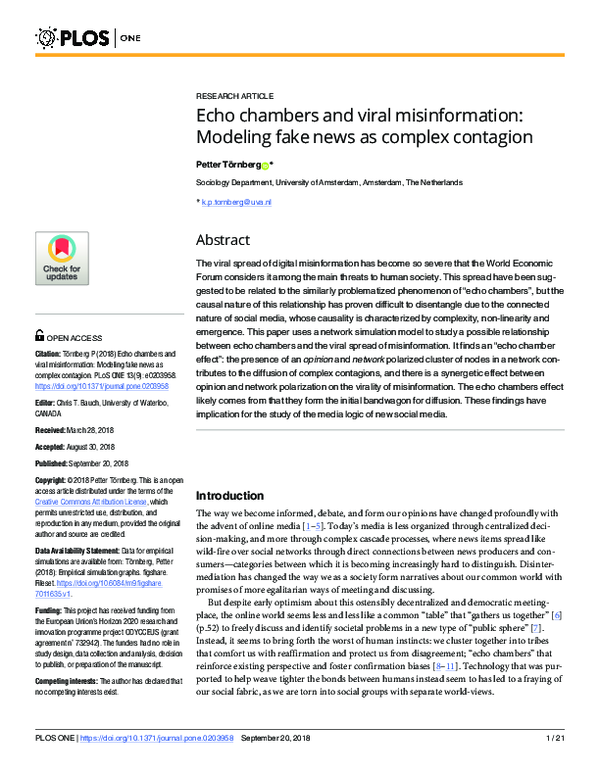(PDF) Echo chambers and viral misinformation: Modeling fake news as complex contagion