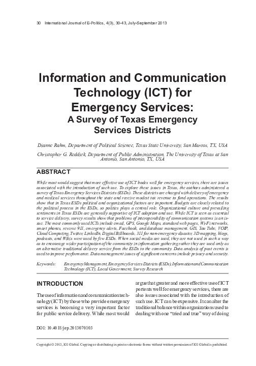 (PDF) Information and Communication Technology (ICT) for Emergency Services