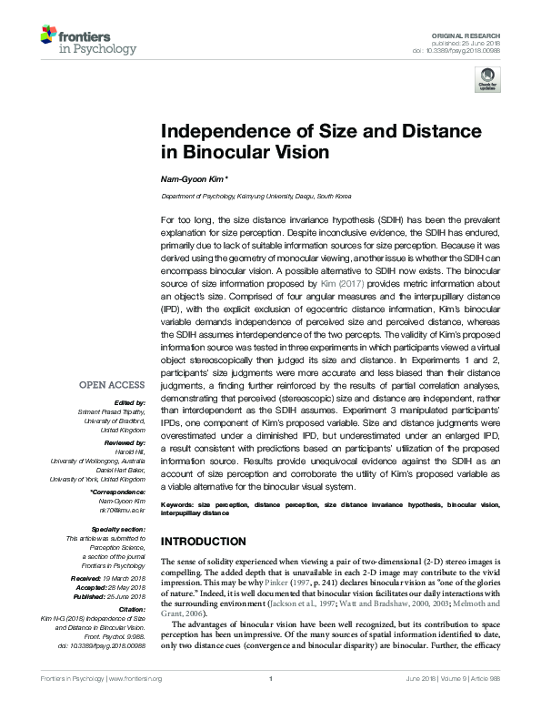 (PDF) Independence of Size and Distance in Binocular Vision