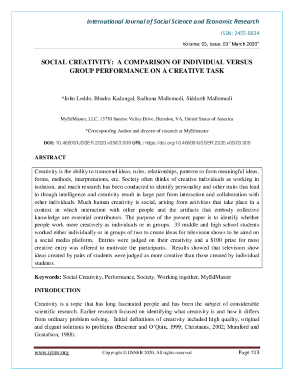 (PDF) Social Creativity: A Comparison of Individual Versus Group ...