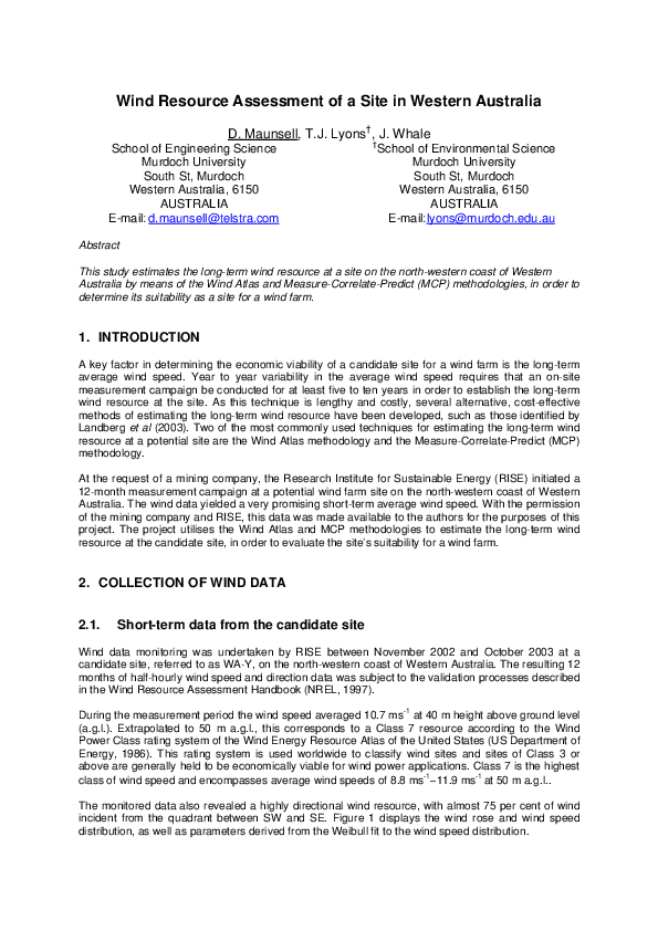(PDF) Wind resource assessment of a site in Western Australia