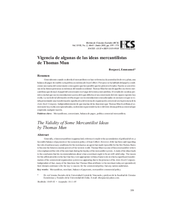 (PDF) Vigencia de algunas de las ideas mercantilistas de Thomas Mun The ...