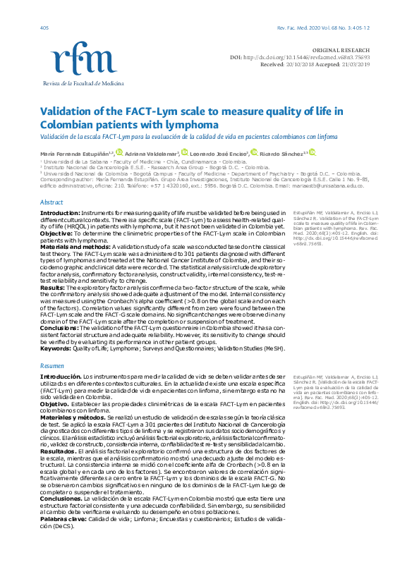 (PDF) Validación de la escala FACT-Lym para la evaluación de la calidad ...