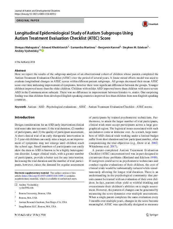 (PDF) Longitudinal Epidemiological Study of Autism Subgroups Using ...