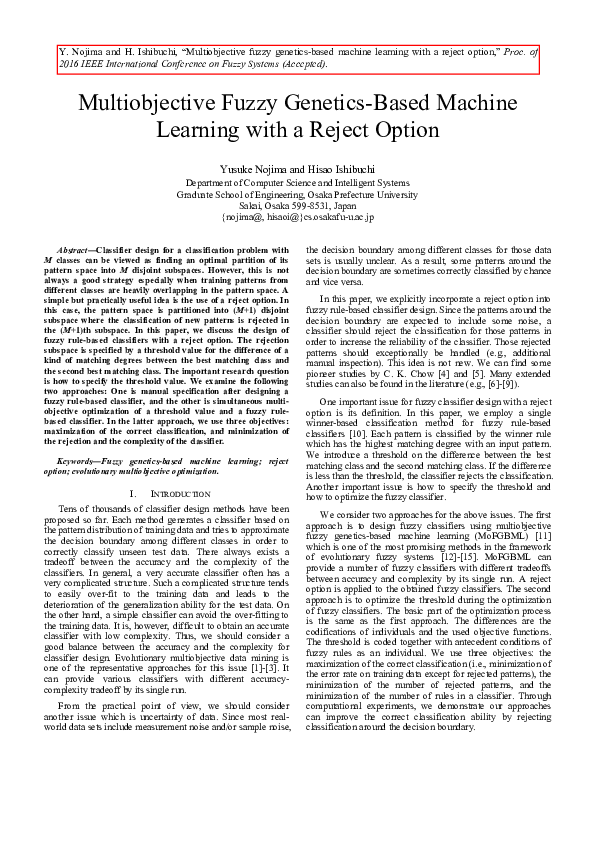(PDF) Fuzzy Classifiers with Reject Option Optimization