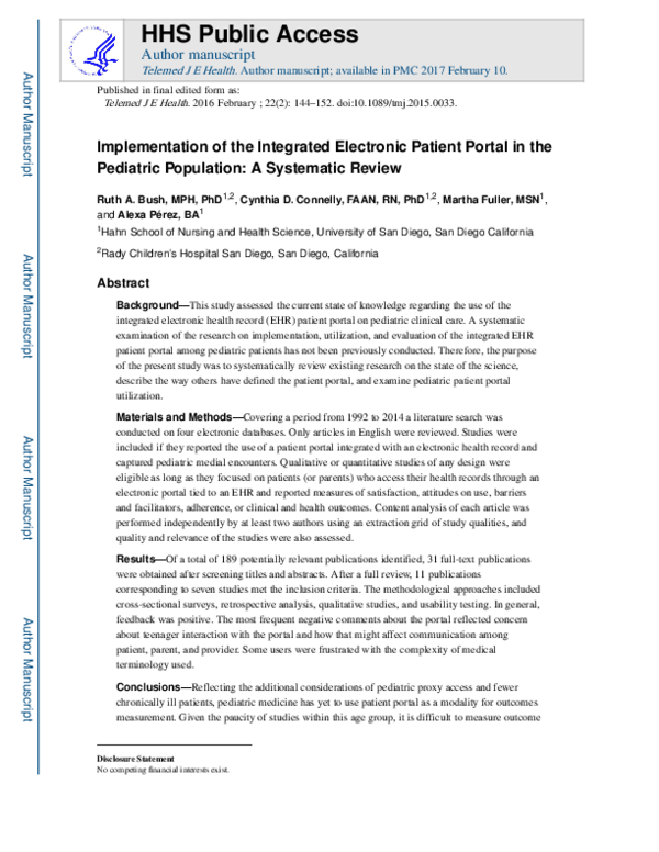 (PDF) Implementation of the Integrated Electronic Patient Portal in the ...
